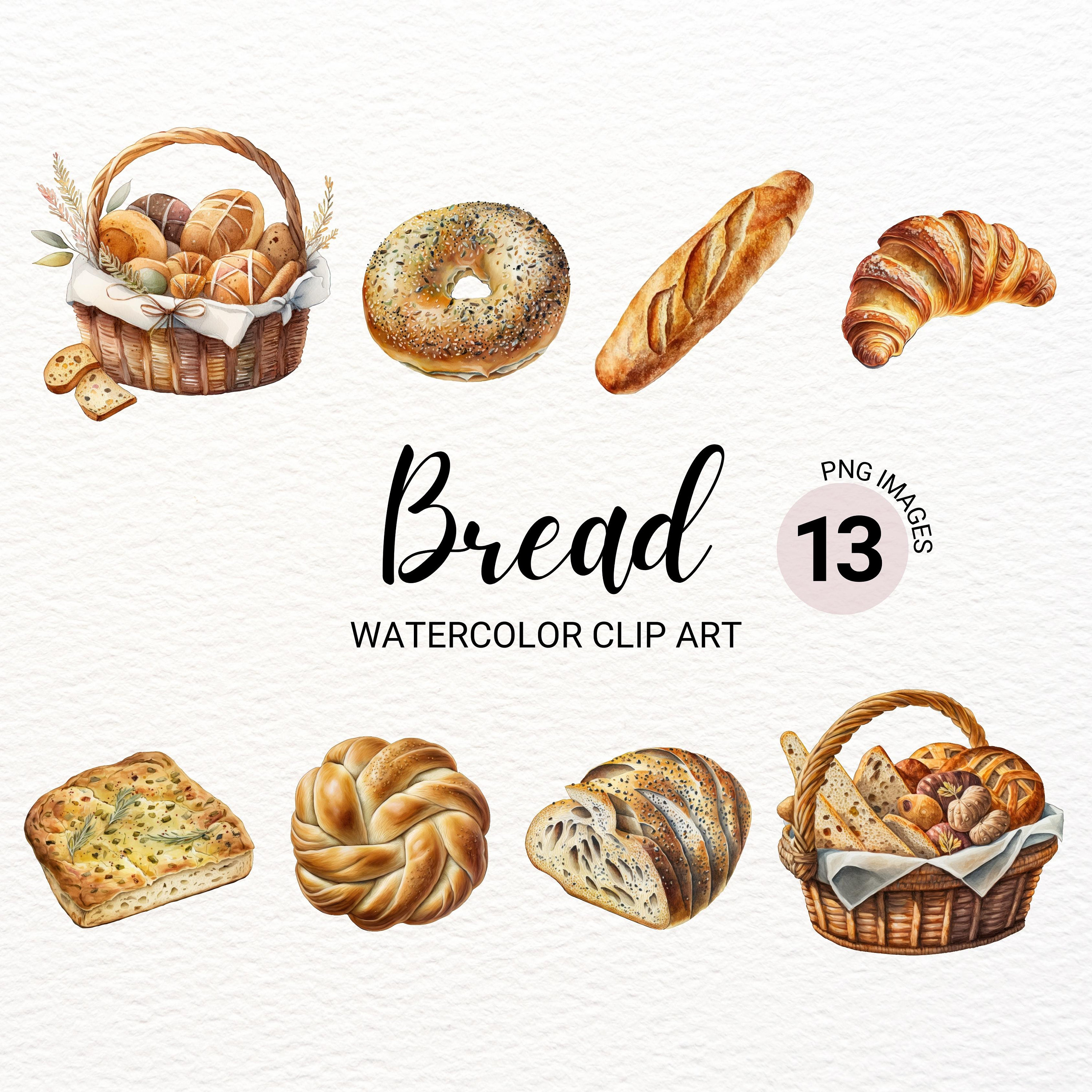 Watercolor Bread Clipart Bakery Clipart Bread Basket - Etsy España