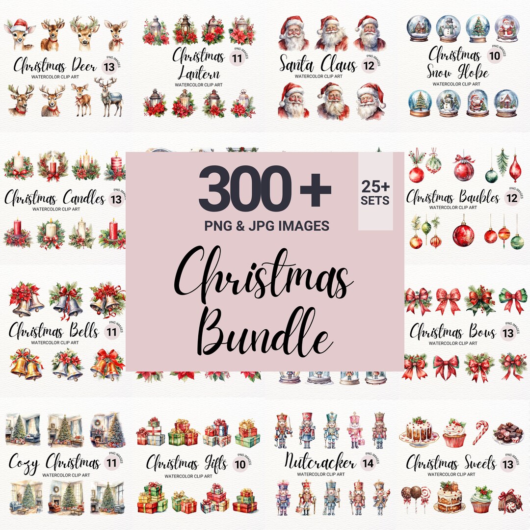 Christmas Clipart Mega Bundle 300 Watercolor Christmas PNG Collage ...