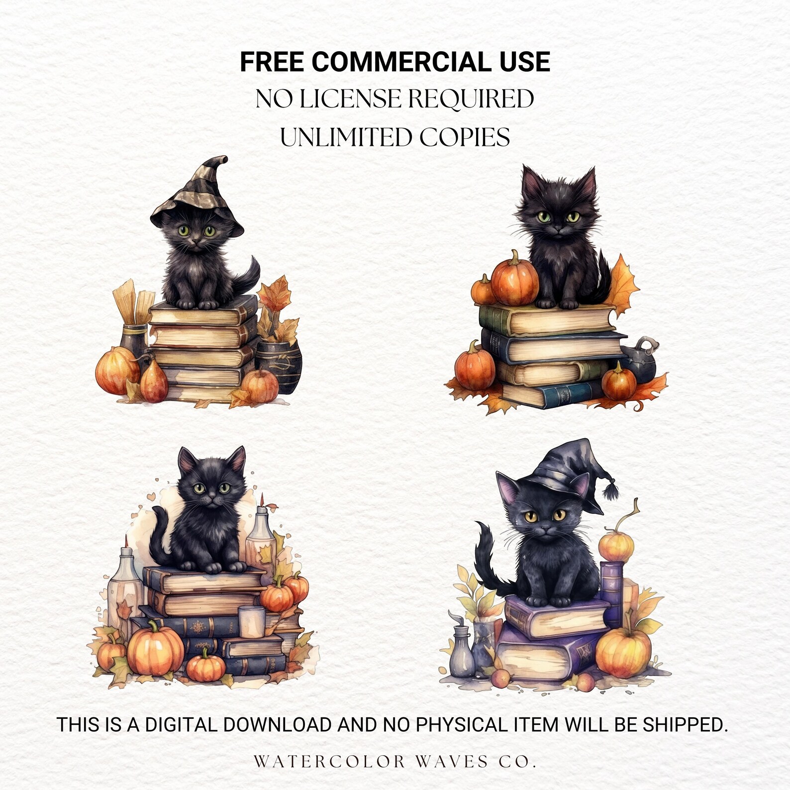 Cute Witchy Kitten Clipart | Watercolor Halloween Cat PNG | Spooky ...