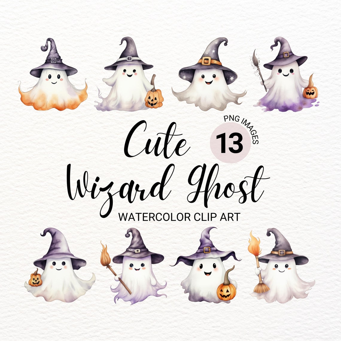 Cute Wizard Ghost Clipart | Watercolor Ghost PNG | Spooky Collage ...