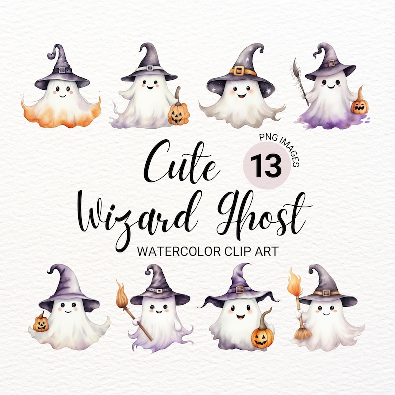 Cute Wizard Ghost Clipart | Watercolor Ghost PNG | Spooky Collage ...