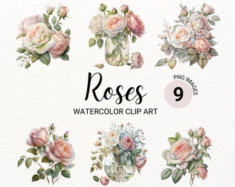 Pink and White Roses Clipart Floral PNG Watercolor Roses PNG Flowers ...