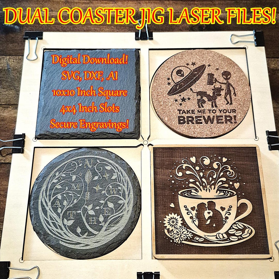 Laser Engraving Coaster Jig Template - Round & Square Dual Slot SVG DXF ...