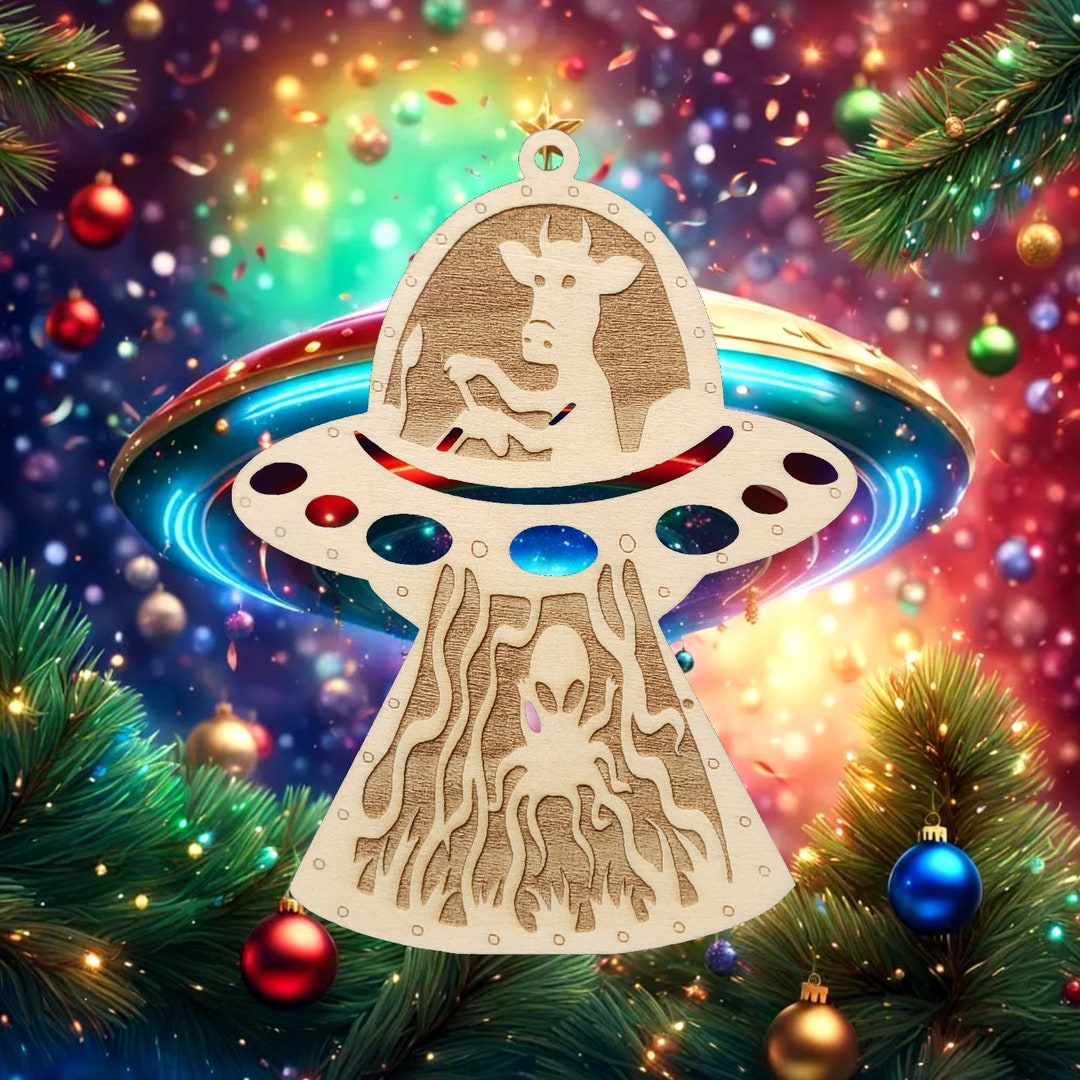 Engraved UFO Cow Alien Abduction Ornament 2 2024 Original Design ...