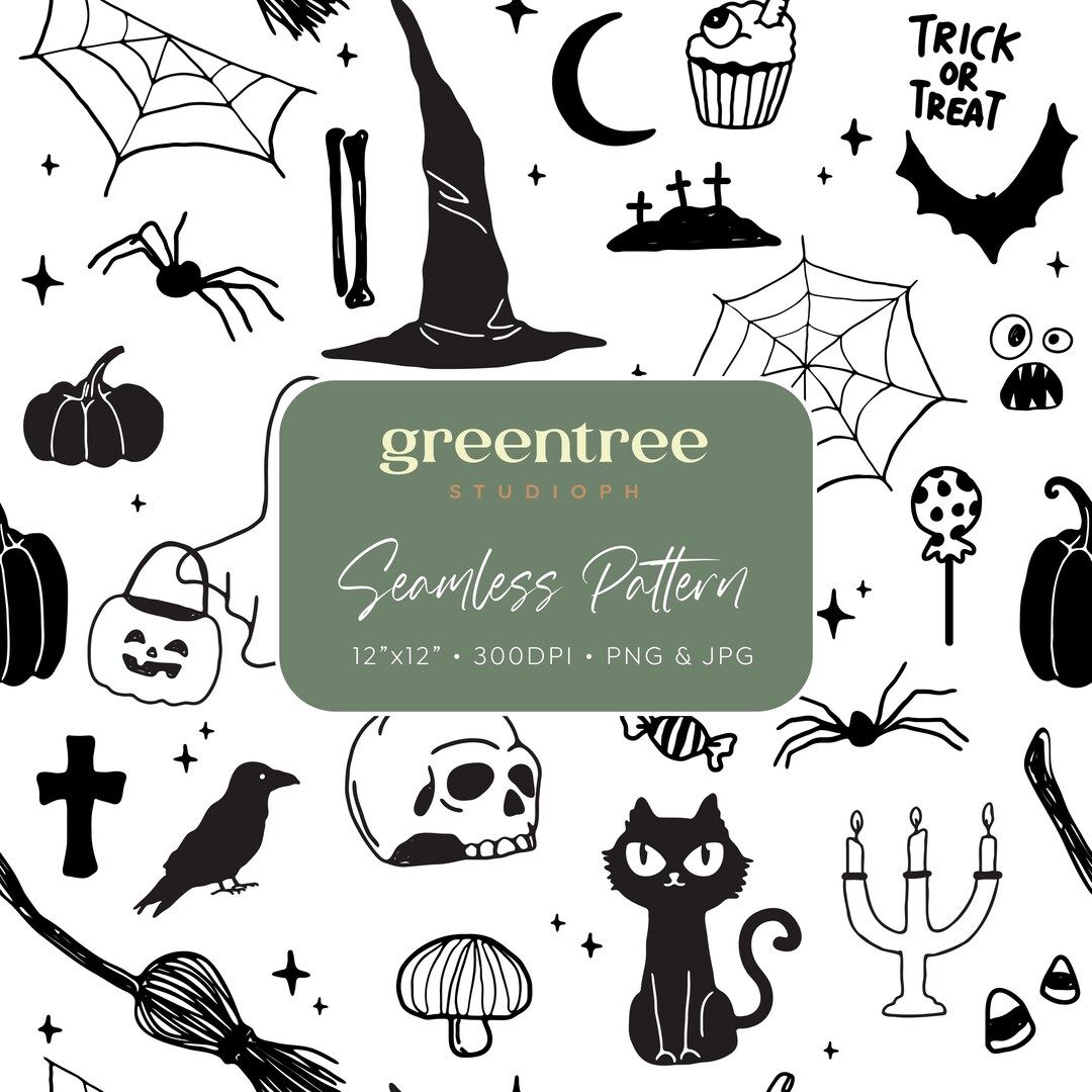 Seamless Hand Drawn Spooky Halloween Elements Digital Pattern Design ...