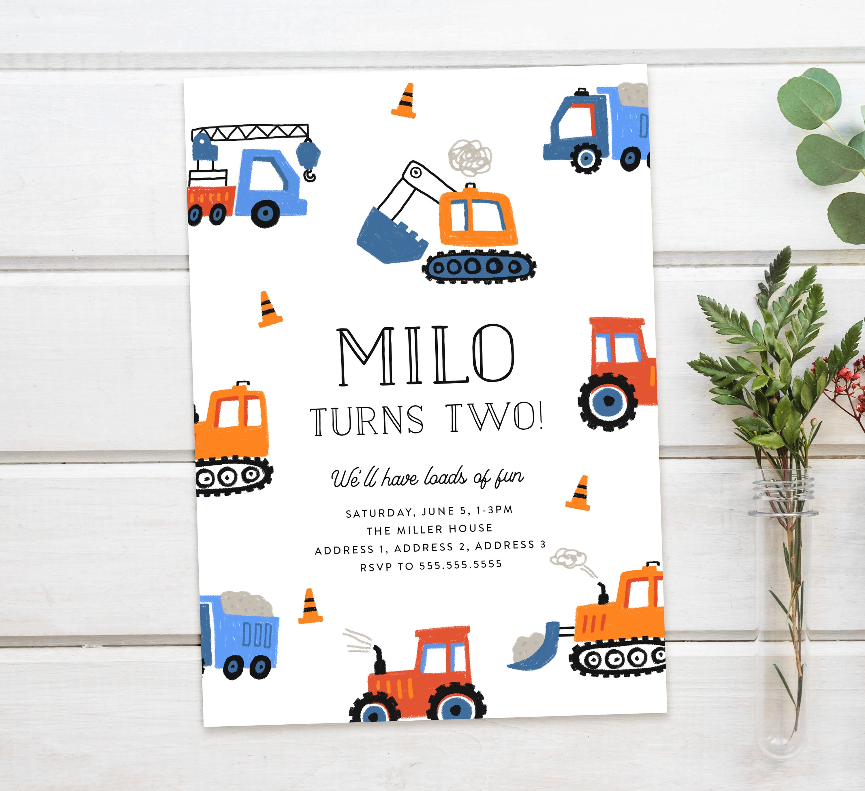 Construction Trucks Birthday Invitation, Construction Party Invitation ...