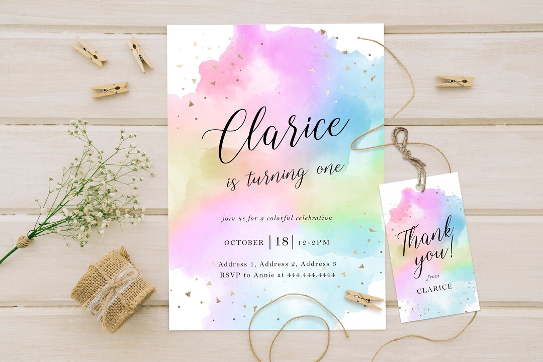 Rainbow Watercolor Birthday Invitation: Customizable Party Invite ...