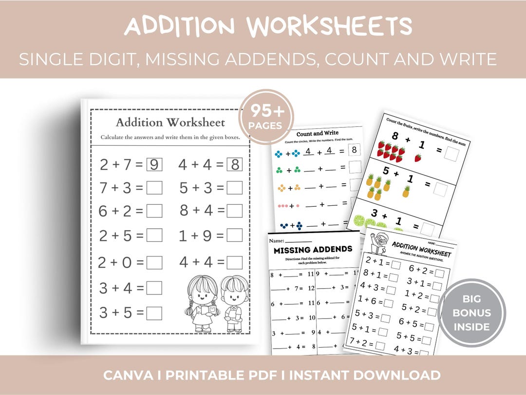 Addition Worksheets for Kids | Single Digit Addition | Counting and ...