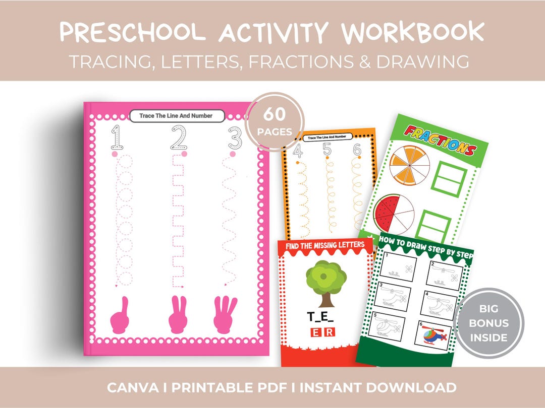 Preschool Activity Workbook | 60 Pages Tracing, Fractions, Missing ...