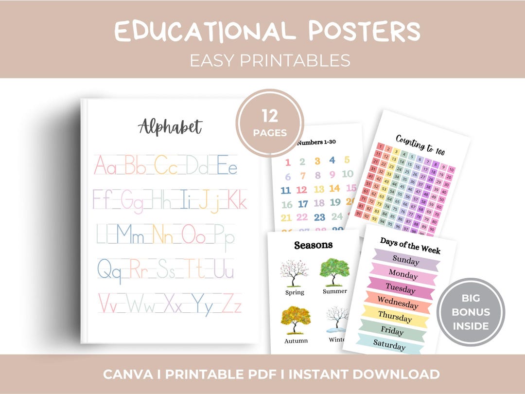 12 Educational Classroom Posters | Alphabet, Numbers, Shapes, Days ...