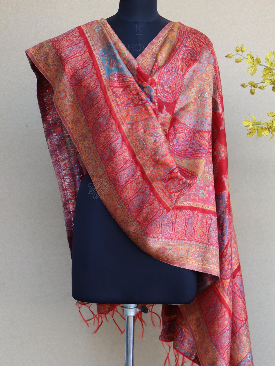 Red Kani Silk Jamawar Dupatta: Kashmiri Woven Wedding Wrap - Etsy
