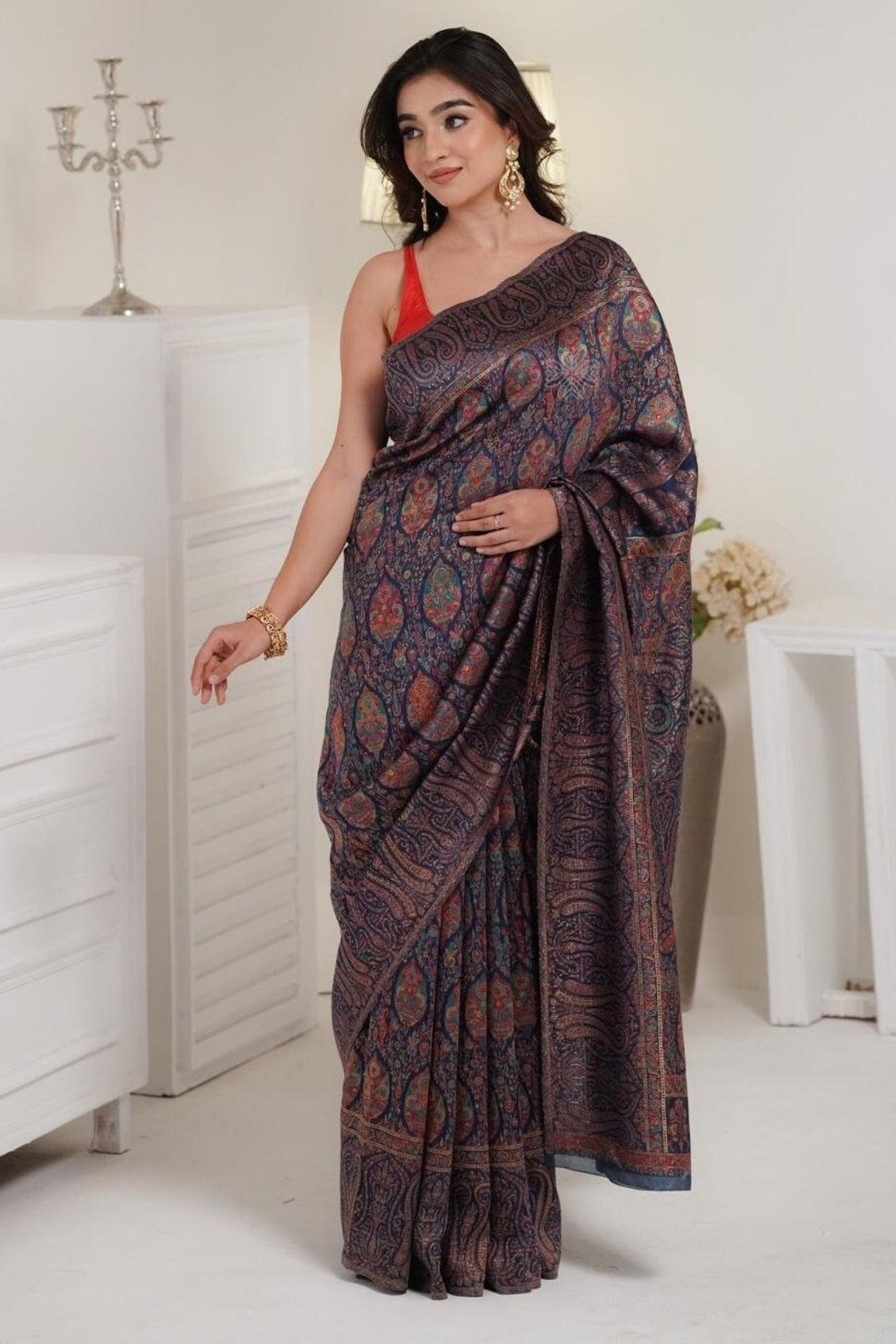 Blue Kani Jamawar Silk Saree | Kashmiri Traditional Pashmina Silk Sari ...