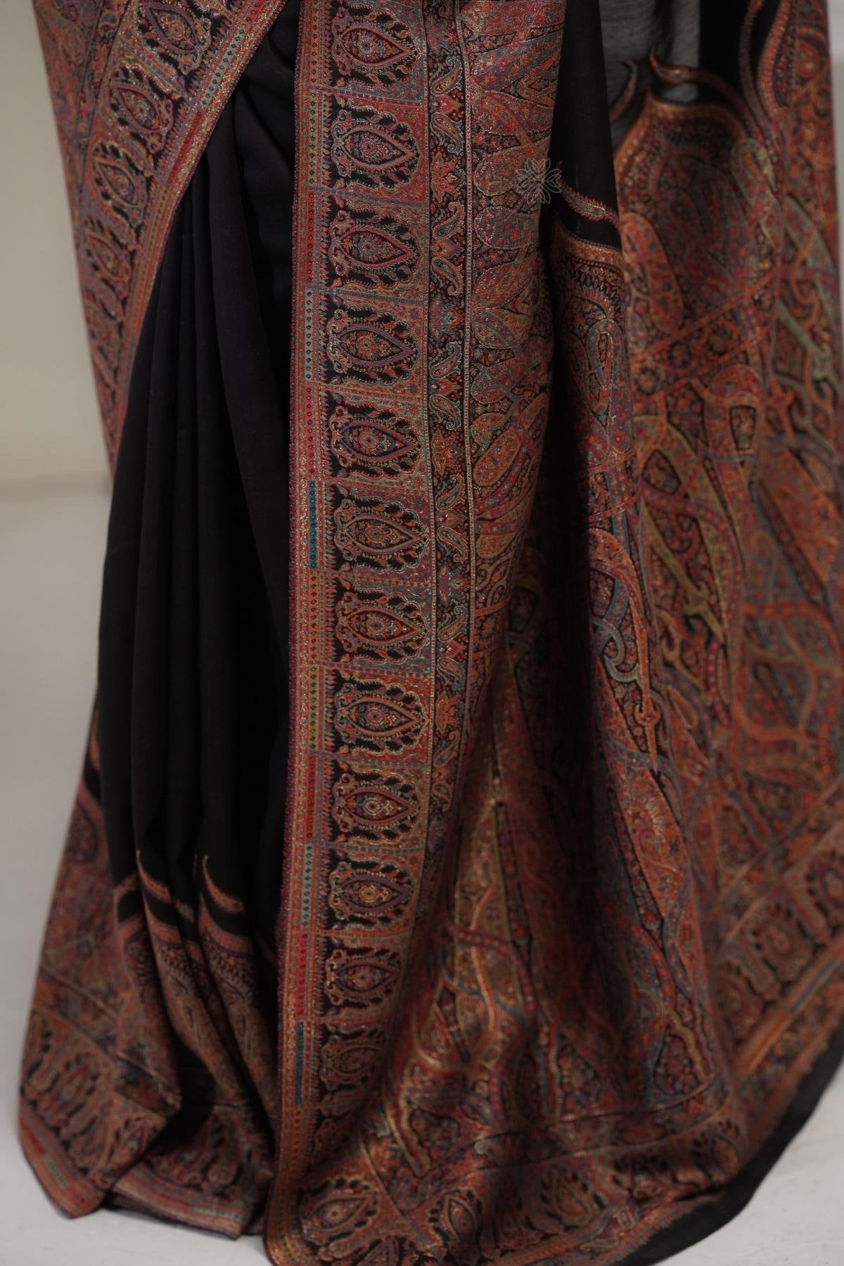 Black Kani Weave Silk Saree: Kashmiri Jamawar Pallu Sari, Pashmina Silk ...
