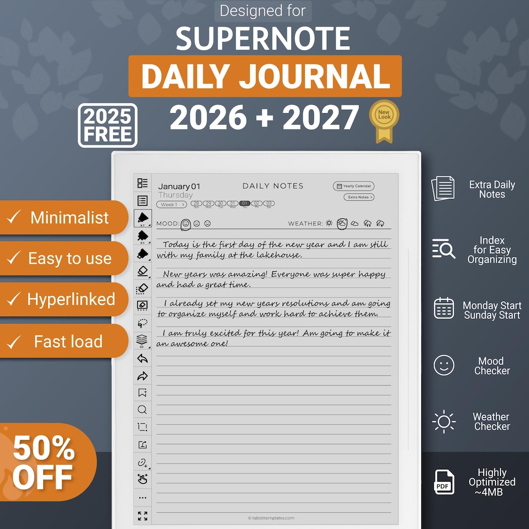 Supernote Daily Journal 2026 + 2027, Supernote Templates, Notes, Diary ...