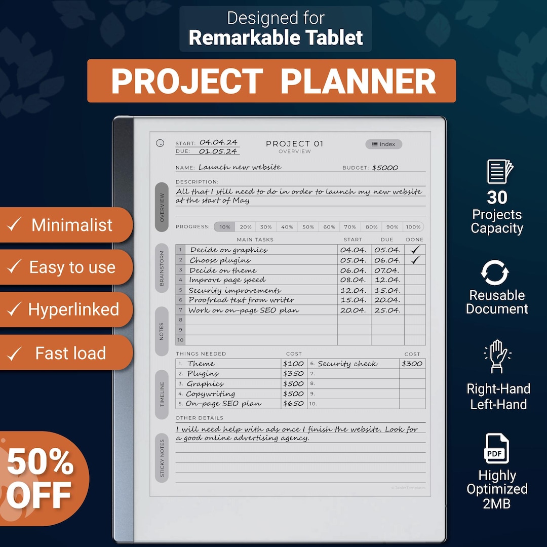 Project Planner for Remarkable 2 Tablet, Undated, Hyperlinked PDF ...