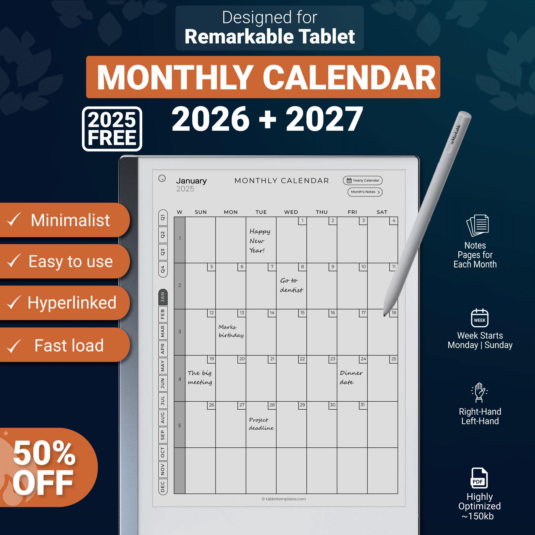 Monthly Calendar for Remarkable 2 and Remarkable Paper Pro 2026 + 2027 ...