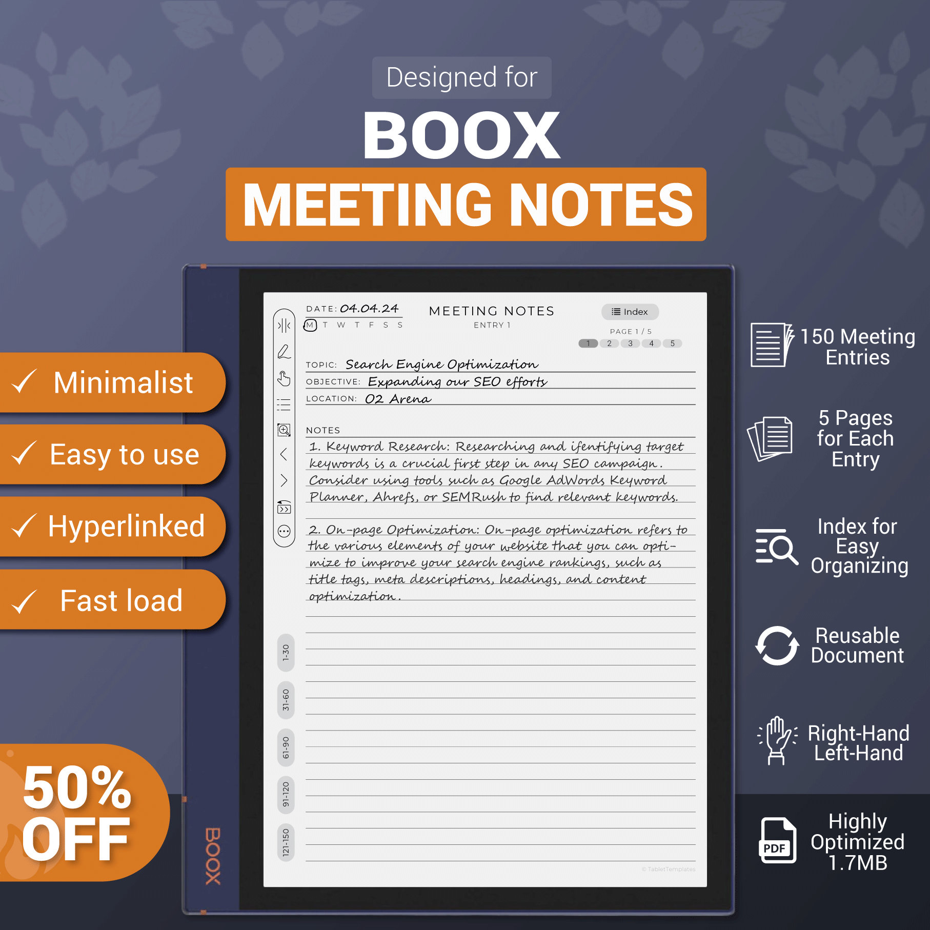 Boox Meeting Notes Template With Hyperlinked Pages (PDF) - Etsy