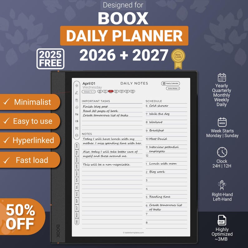 Boox Daily Planner 2026-2027: Minimalist Digital Template (PDF) - Etsy