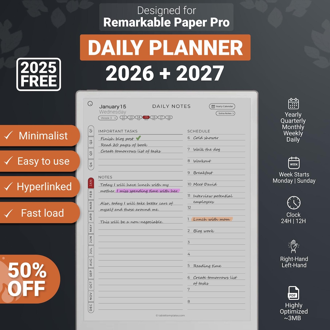Daily Planner for Remarkable Paper Pro Tablet 2026-2027, Hyperlinked ...
