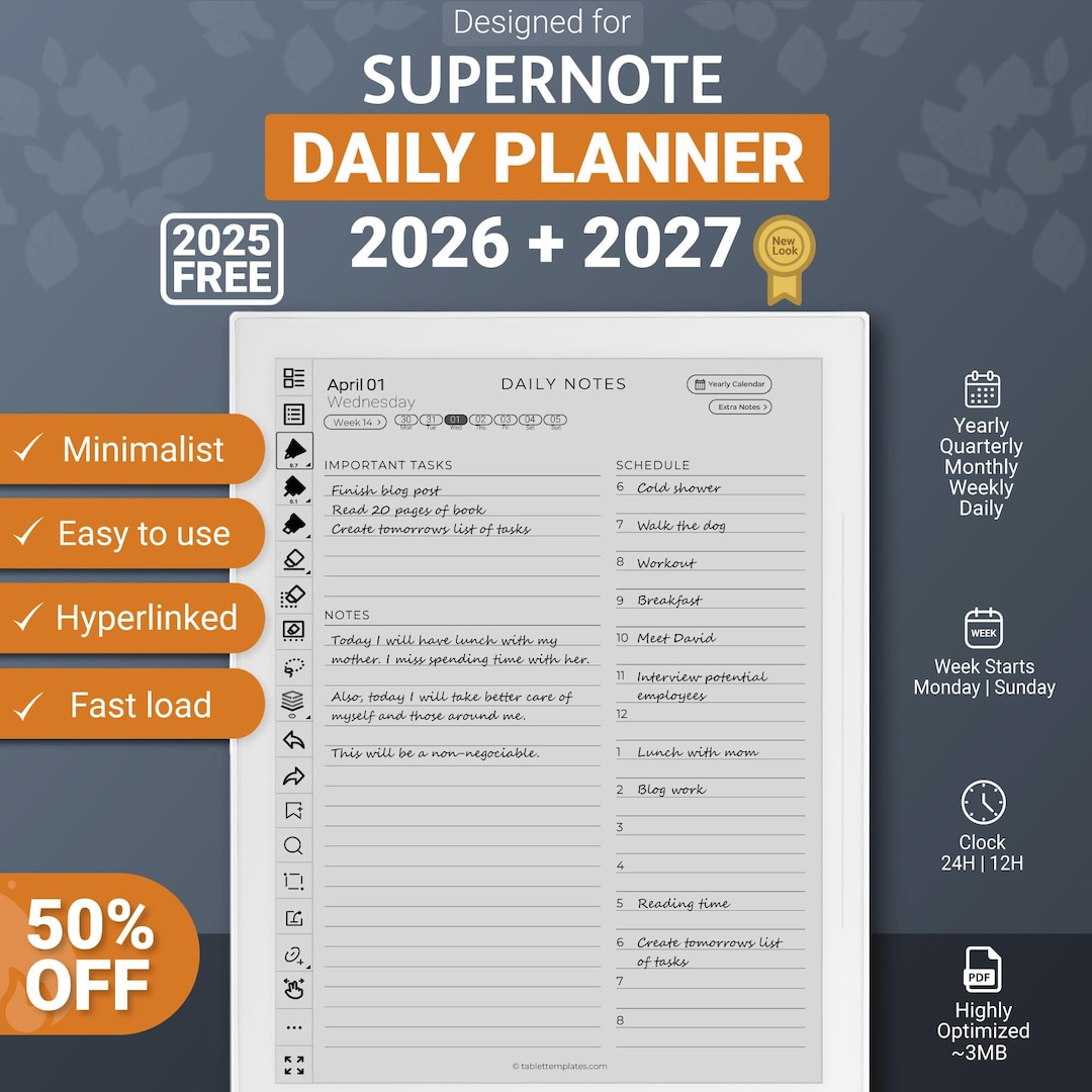 Supernote Daily Planner 2026 + 2027, Supernote Templates, Calendar, A5X ...