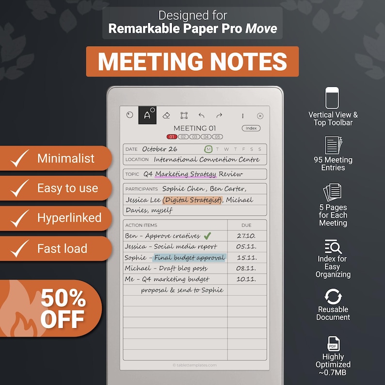 Meeting Notes for Remarkable Paper Pro Move Tablet, Hyperlinked PDF ...