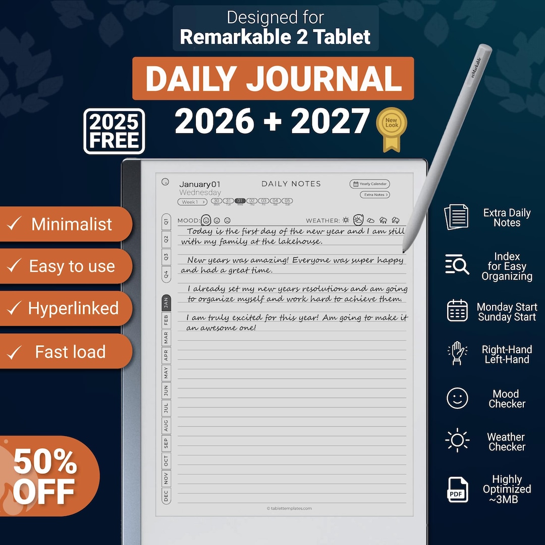 Daily Journal for Remarkable 2 2026-2027, Hyperlinked PDF Template ...