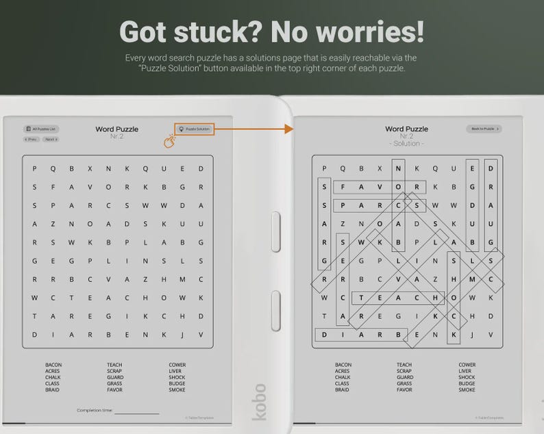 Kobo Word Search Puzzle Bundle: 500 Brain Teaser Games - Etsy