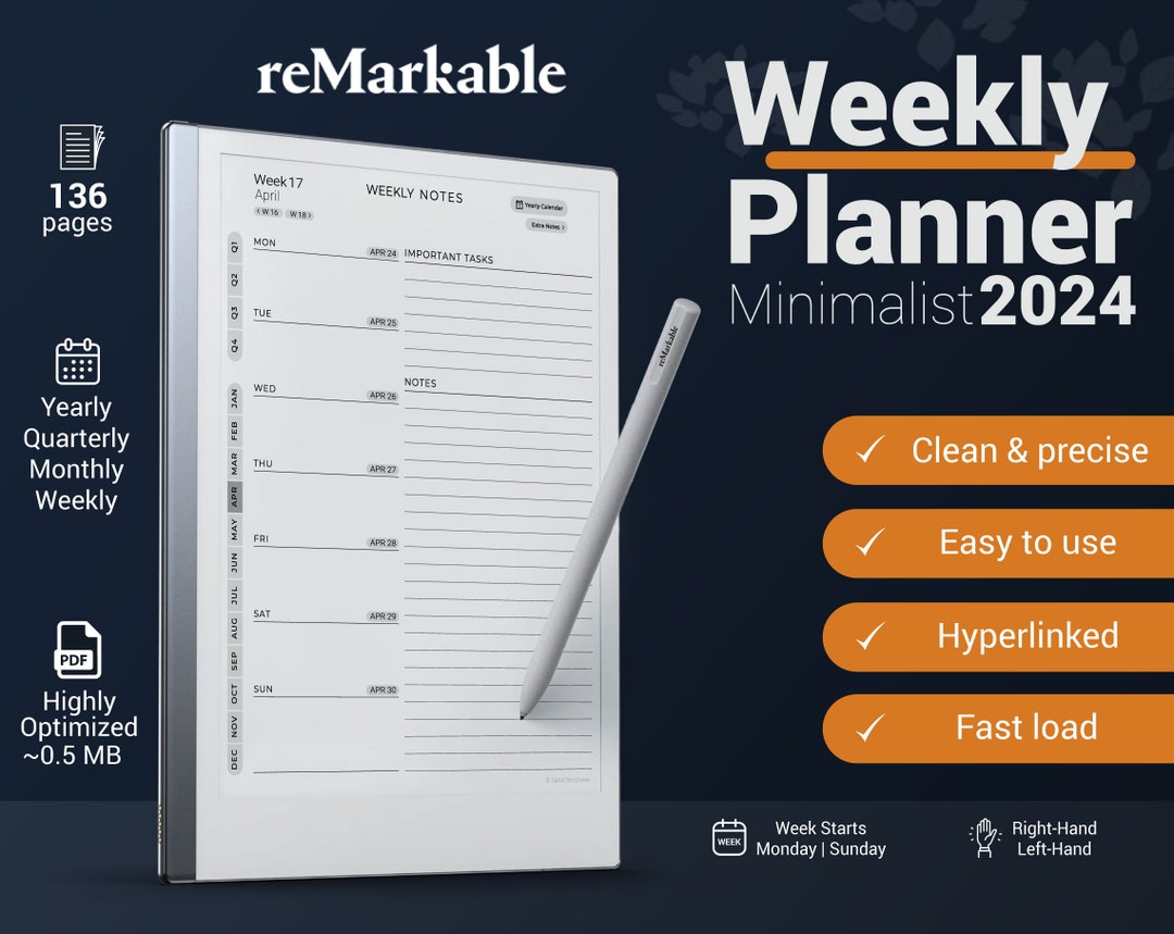 Remarkable 2 Weekly Planner 2024, Remarkable 2 Templates, Calendar ...