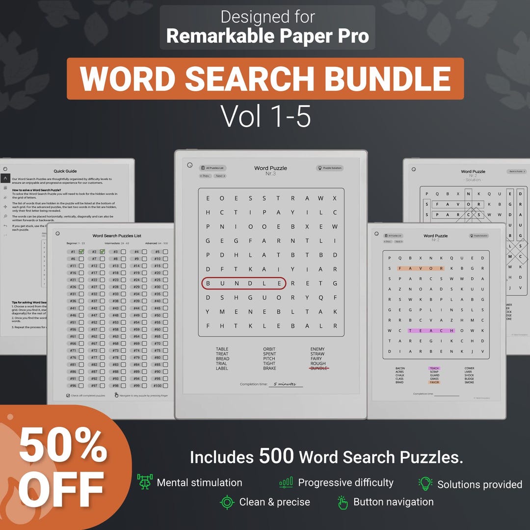 Word Search Bundle for Remarkable Paper Pro - Puzzle Games, Hyperlinked ...