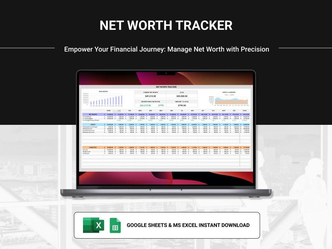 Net Worth Tracker Spreadsheet for Google Sheets Excel Digital Planner ...