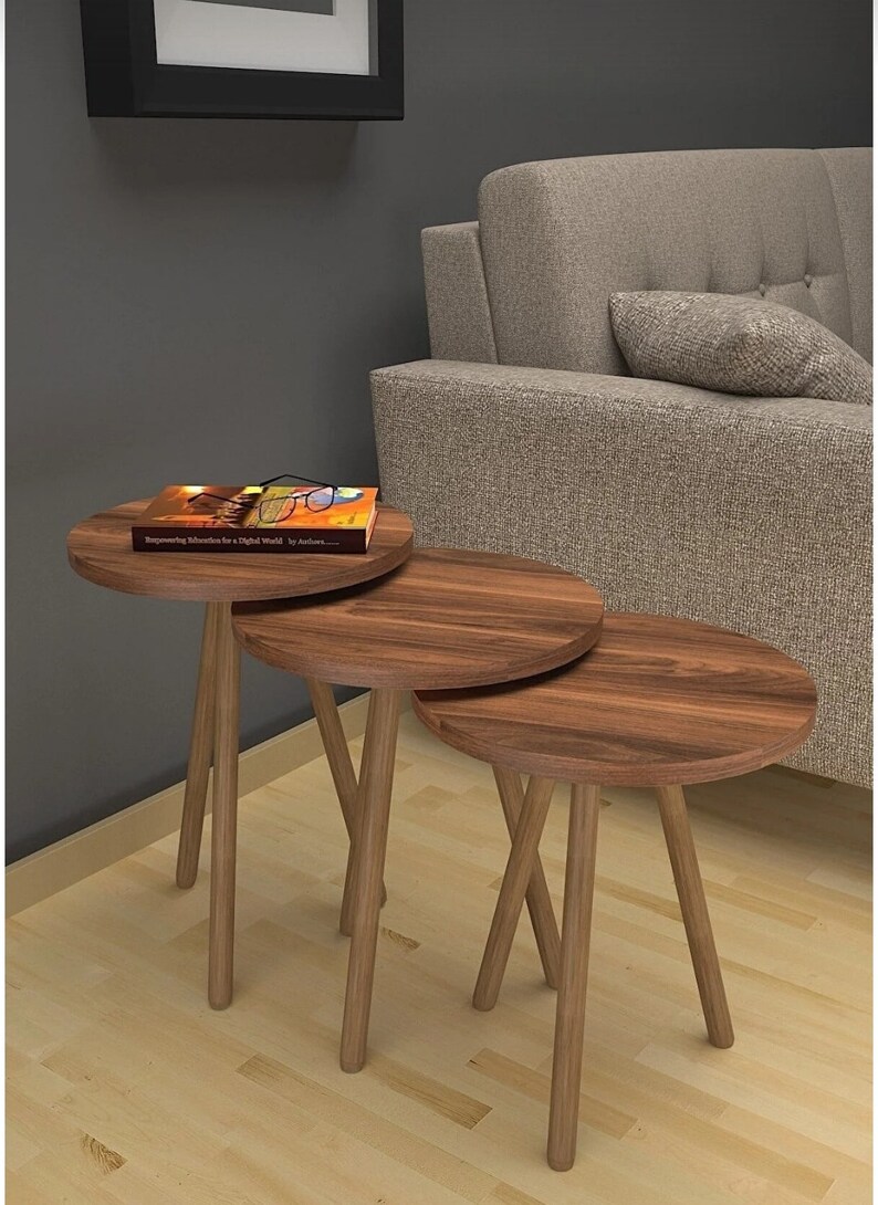 Rustic Walnut Nesting Coffee Table Set-round Wooden Accent Tables ...