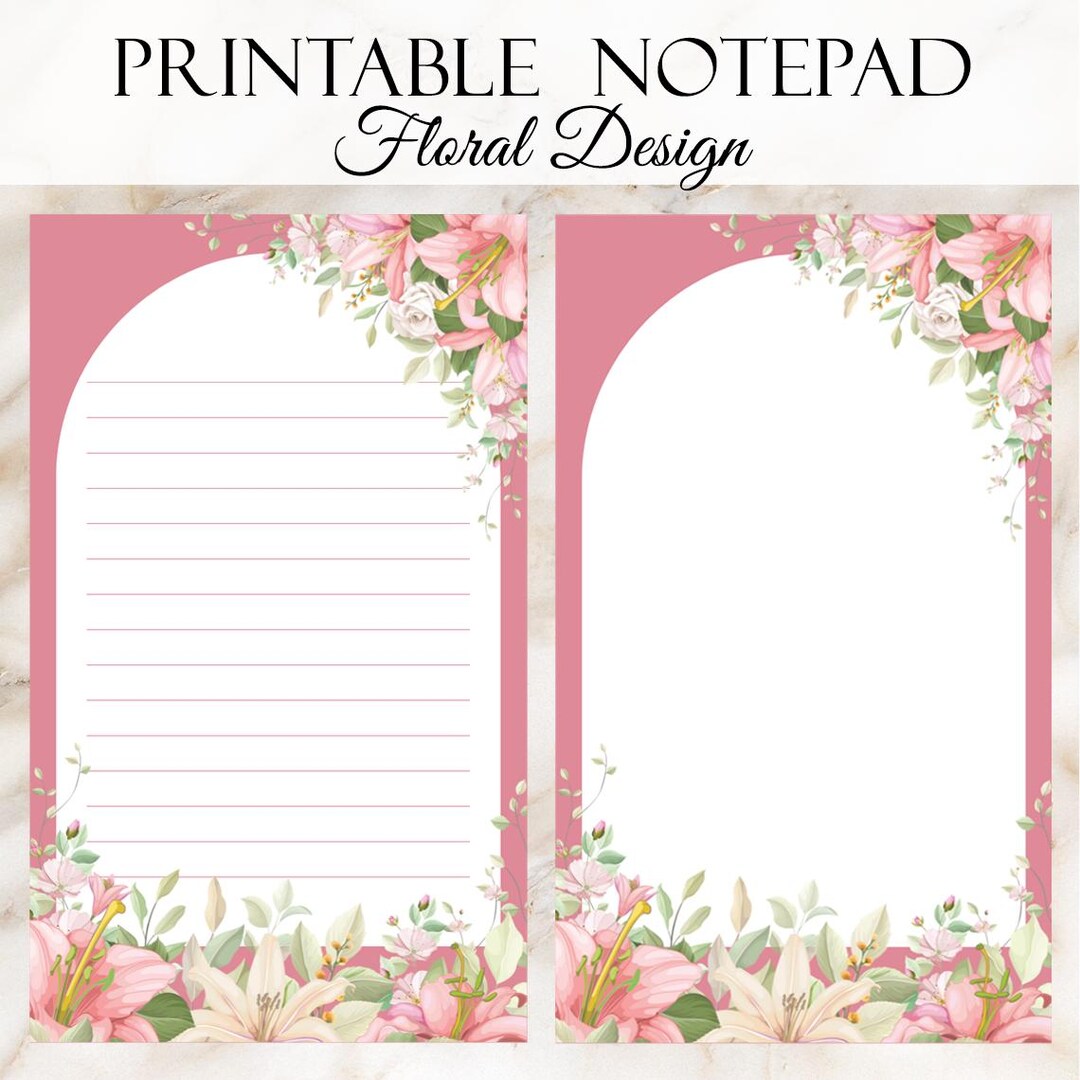 Printable Notepad Pink Floral Template Digital Download, Lines and Non ...
