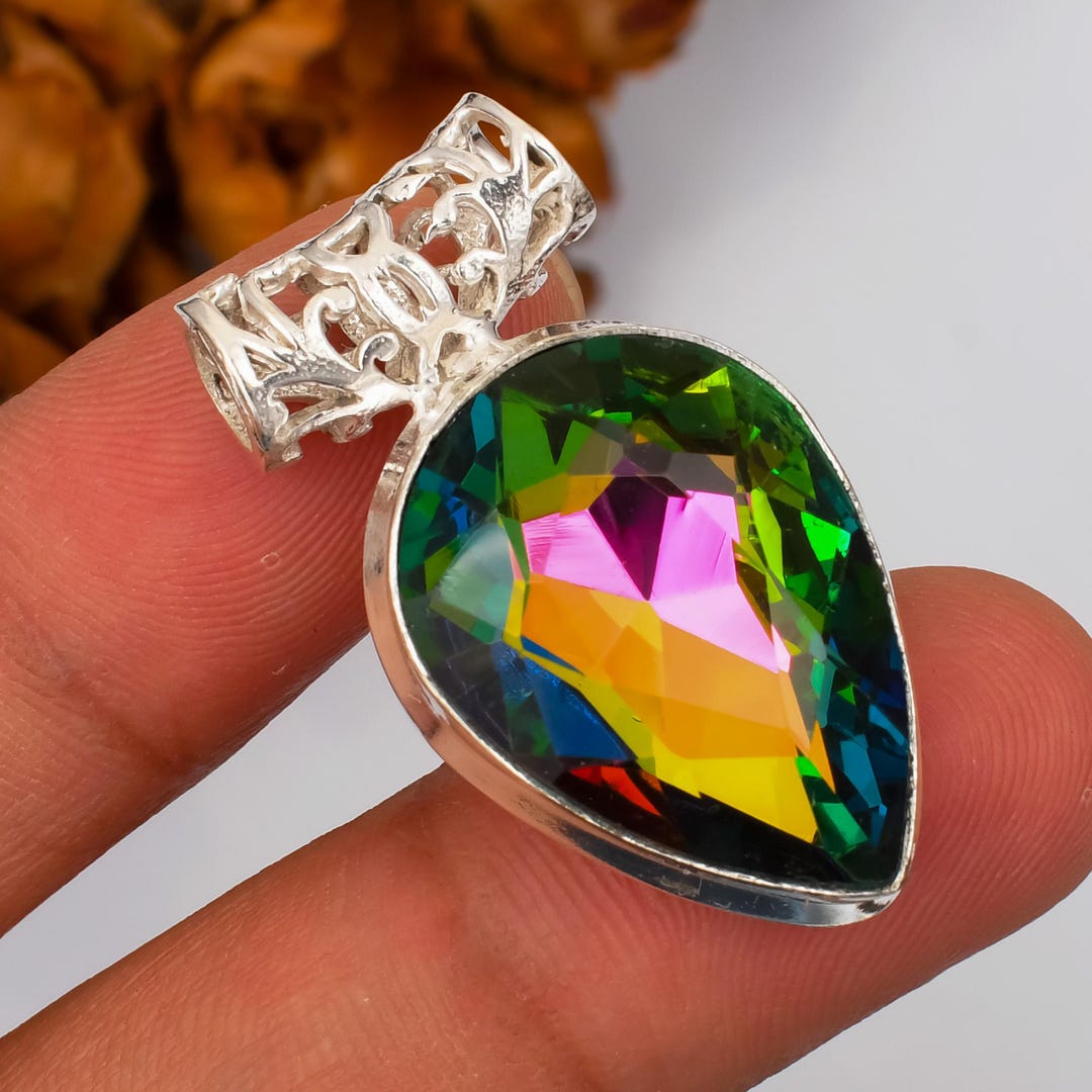 Mystic Topaz Pear Shape Multicolor Gemstone Necklace Pendant 925 ...