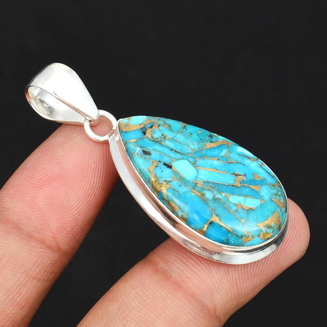 Blue Copper Turquoise Pear Gemstone Necklace Pendant 925 Sterling ...