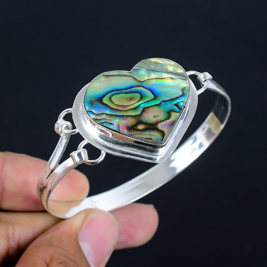 Heart Shape Abalone Shell Gemstone Silver Bangle, 925 Sterling Silver ...