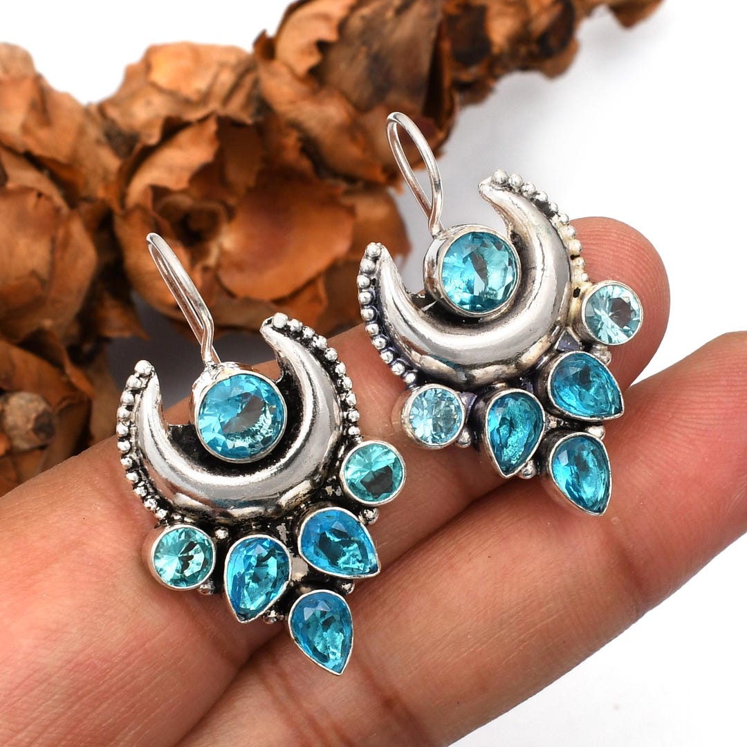 Blue Topaz Gemstone Half Moon Dangle Earrings 925 Sterling Silver ...
