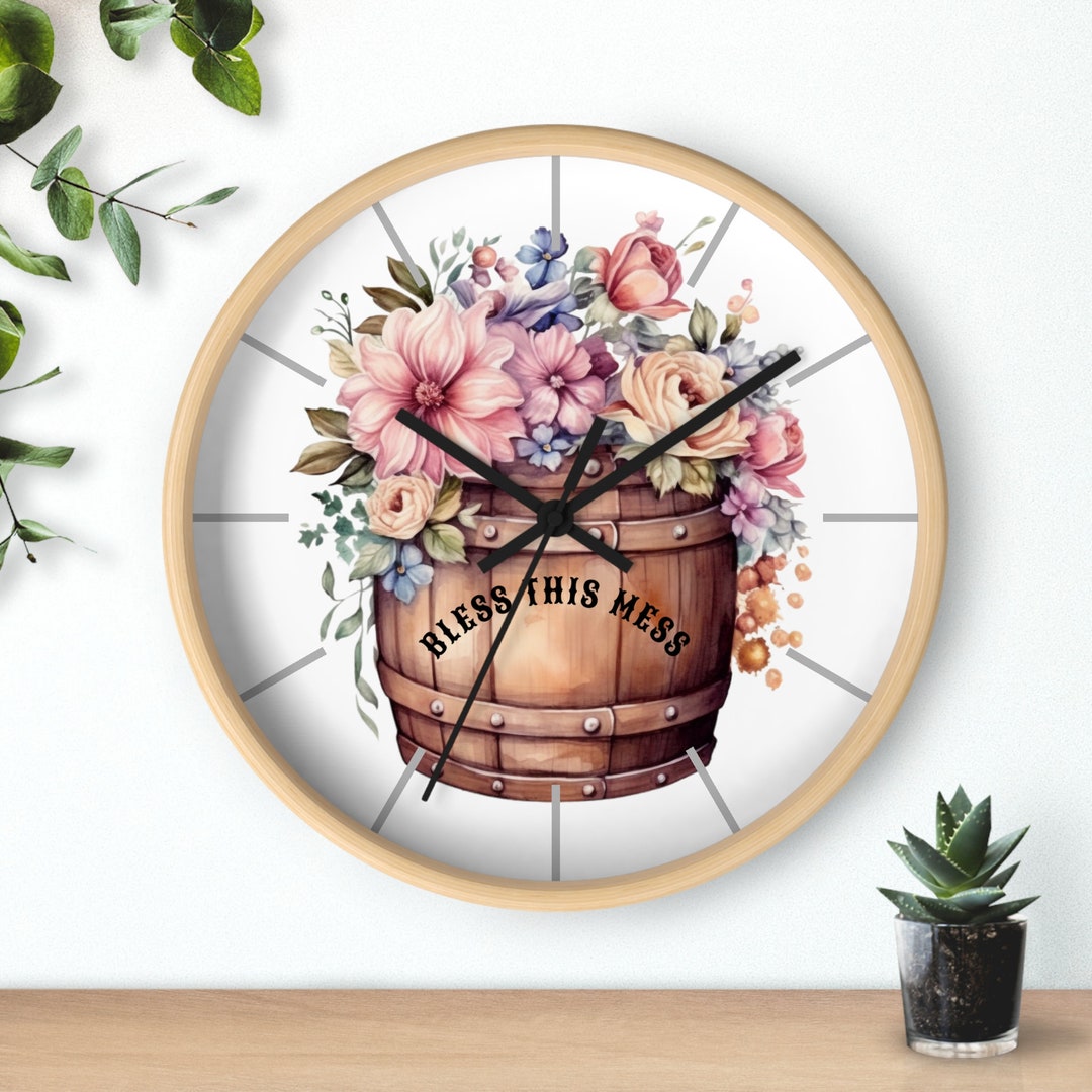 Floral Wooden Barrel Wall Clock, Country Gifts, Floral Wine Barrel ...