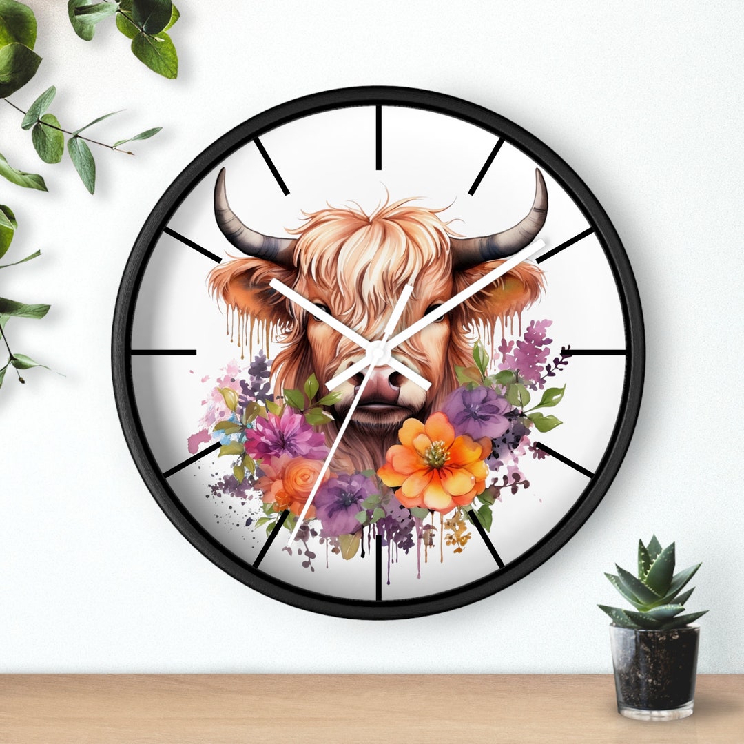 Floral Highland Cow Wall Clock, Highland Cow Gift, Farmcore Clock ...