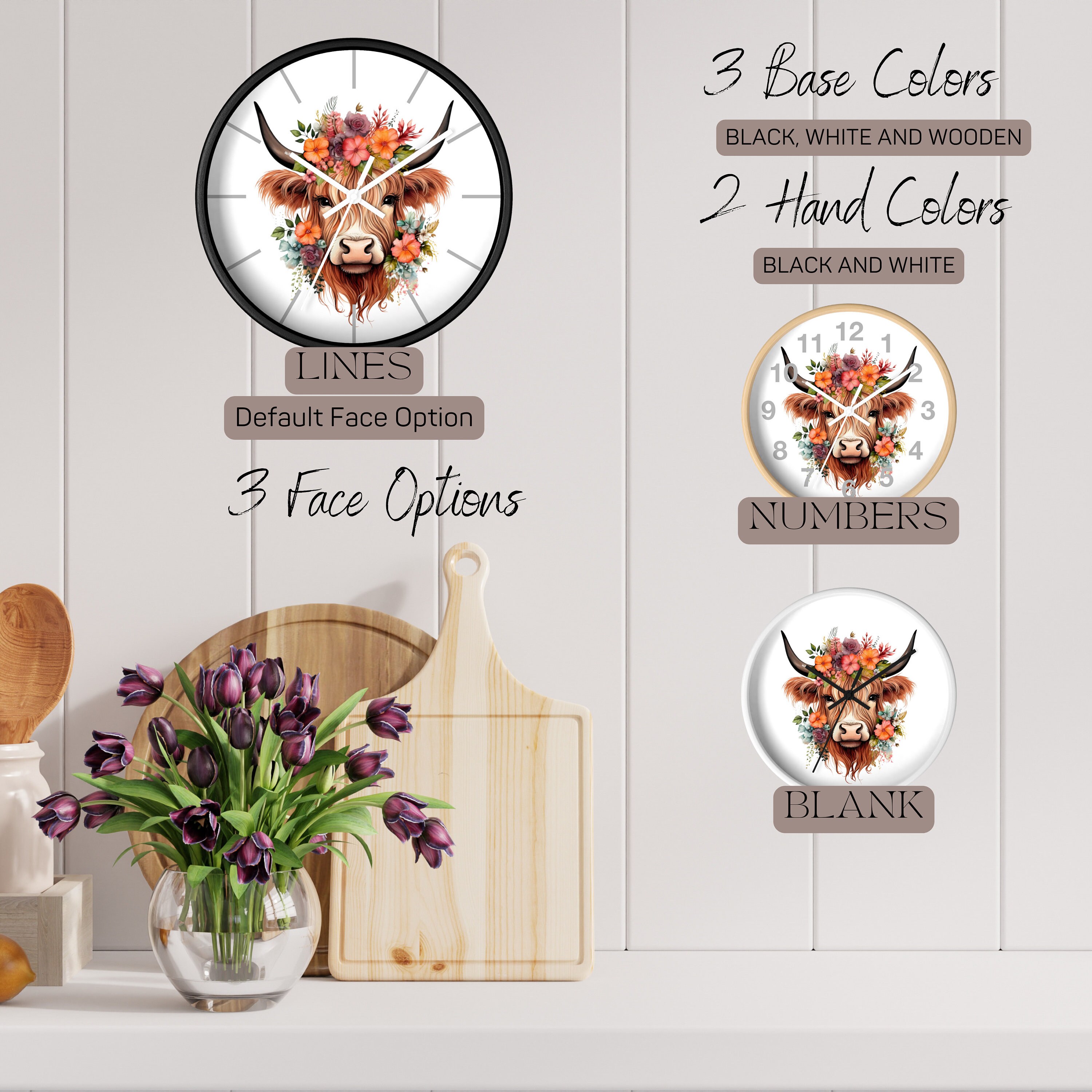 Floral Highland Cow Wall Clock, Highland Cow Gifts, Cottage Core ...