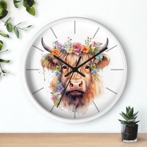 Floral Highland Cow Wall Clock, Highland Cow Gifts, Cottage Core ...