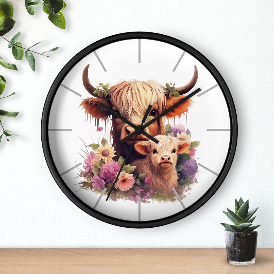 Highland Cow Wall Clock, Floral Highland Cow and Calf Clock, Farm Core ...