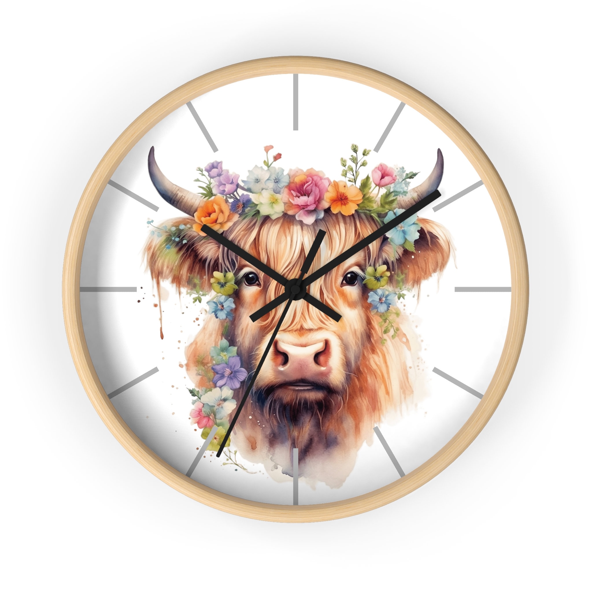 Highland Cow Wall Clock, Highland Cow Gift, Floral Highland Cow, Farm ...