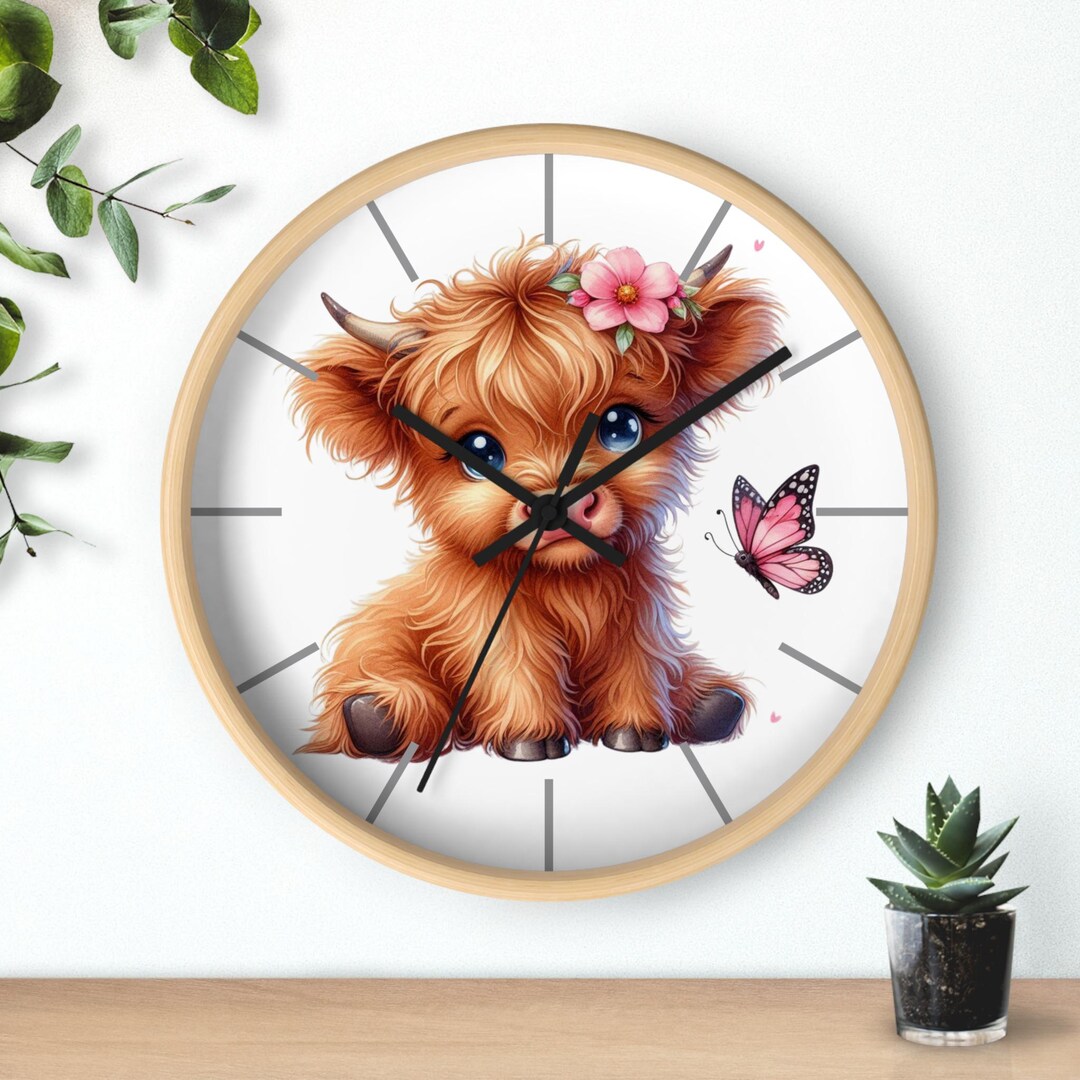 Adorable Highland Cow Wall Clock, Cute Highland Cow Calf With Butterfly ...