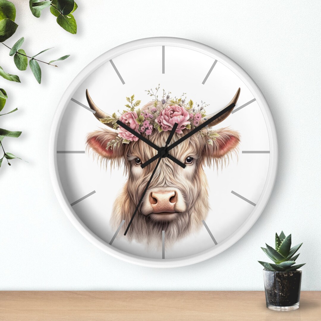 Highland Cow Wall Clock, Highland Cow Gift, Floral Highland Cow, Farm ...