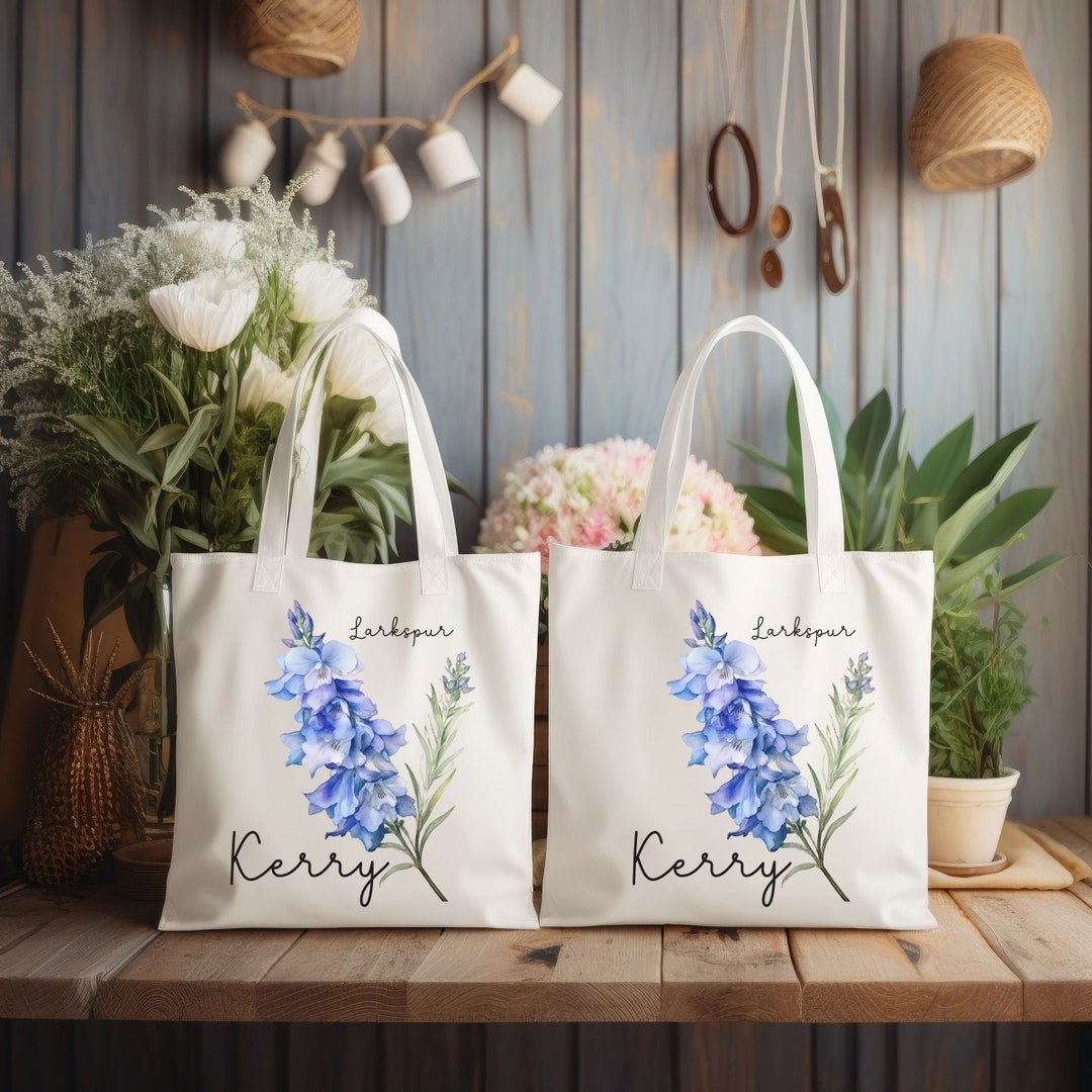 July Birth Flower Month Totes, Personalized Larkspur Tote Bag ...