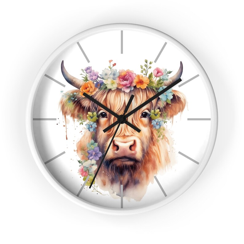 Highland Cow Wall Clock, Highland Cow Gift, Floral Highland Cow, Farm ...