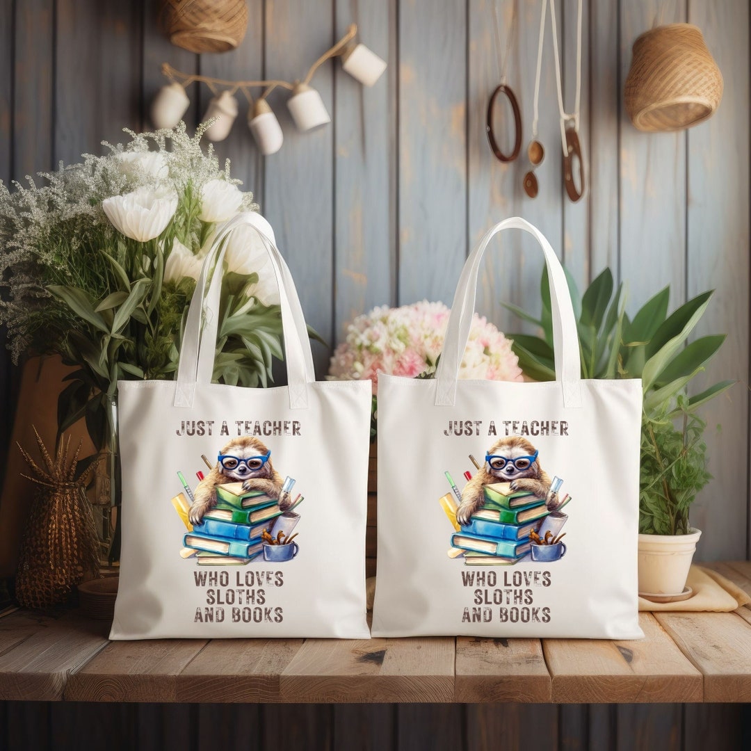 Sloth Canvas Tote Bag, Teacher Loves Sloths and Books Canvas Tote Bag ...