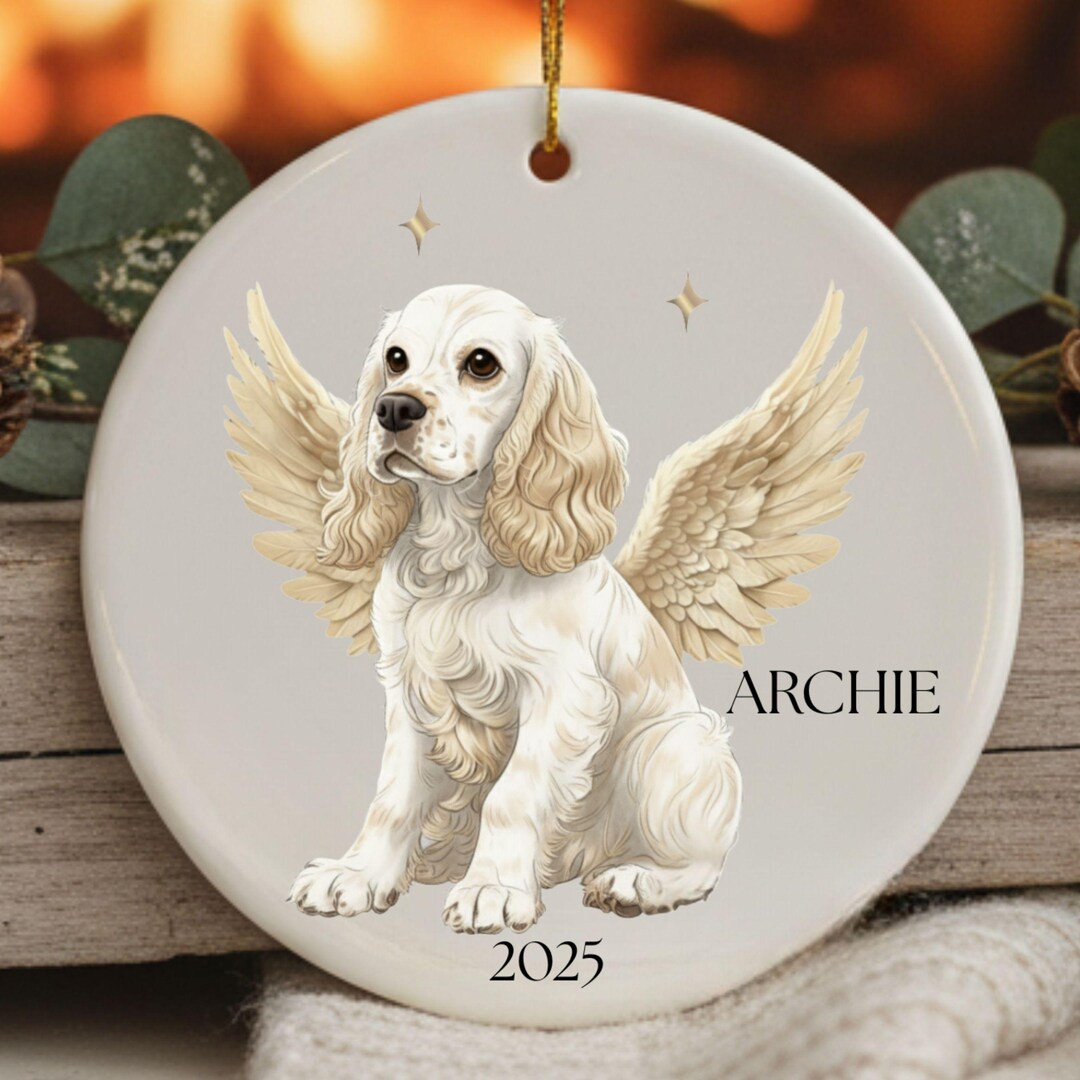 Personalized Cocker Spaniel Memorial Ornament: White Cocker Angel Wings ...