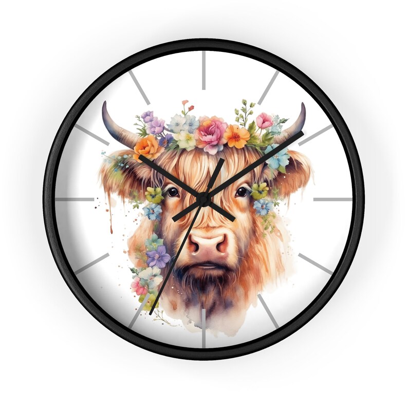Highland Cow Wall Clock, Highland Cow Gift, Floral Highland Cow, Farm ...