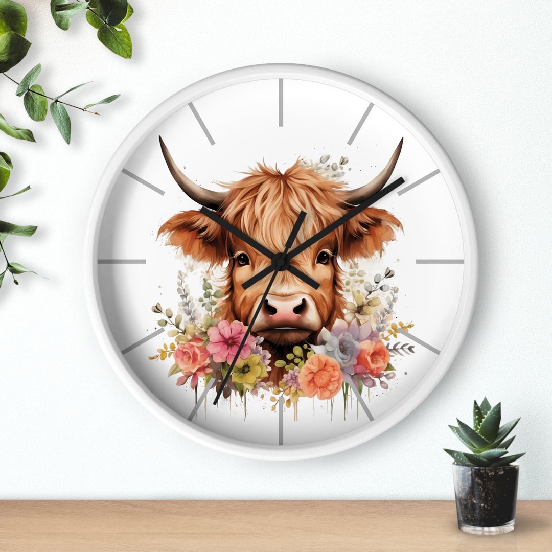 Highland Cow Wall Clock, Highland Cow Gift, Floral Highland Cow ...